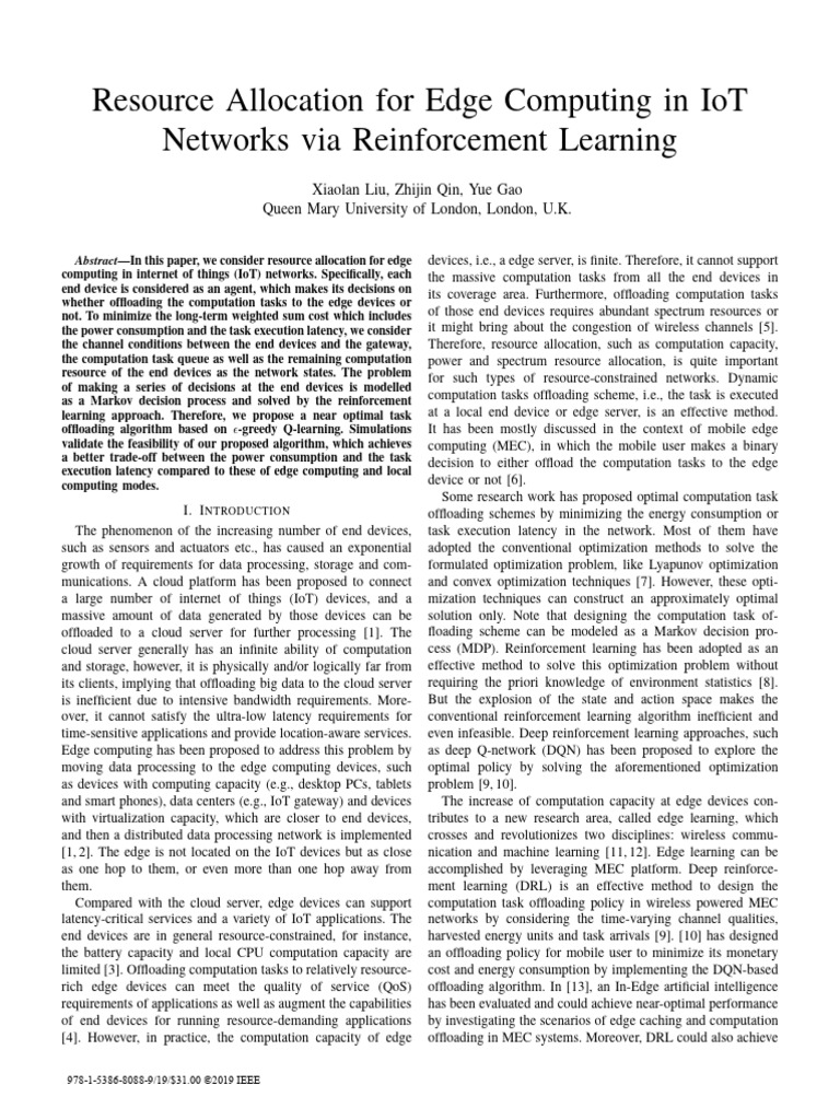 Resource Allocation For Edge Computing In Iot Networks Via Reinforcement Learning Pdf