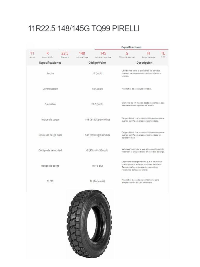 FICHA TECNICA 11 r22.5 tq99 Pirelli | PDF