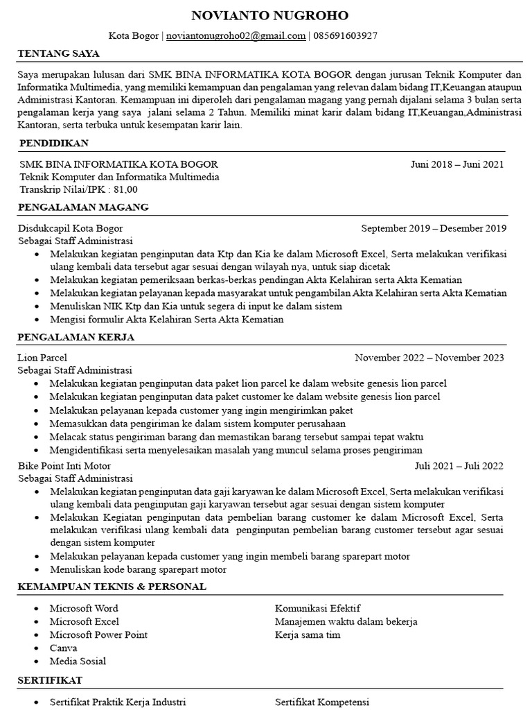 Cv Dan Surat Lamaran Kerja Novianto Nugroho (Pt Saleslab Digital Indonesia) | PDF