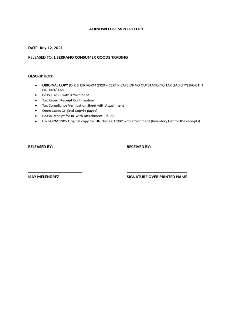 Acknowledgment Receipt for Tax Documents | PDF