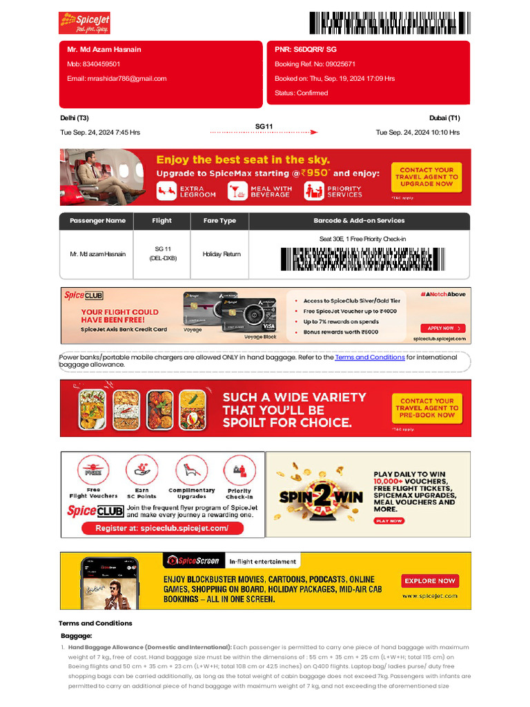 SpiceJet - E-Ticket - PNR - S6DQRR 24 Sep 2024 Delhi-Dubai For MR ...