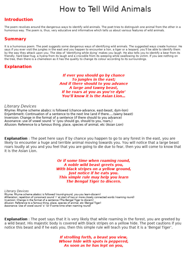 How To Tell Wild Animals | PDF | Poetry | Rhyme