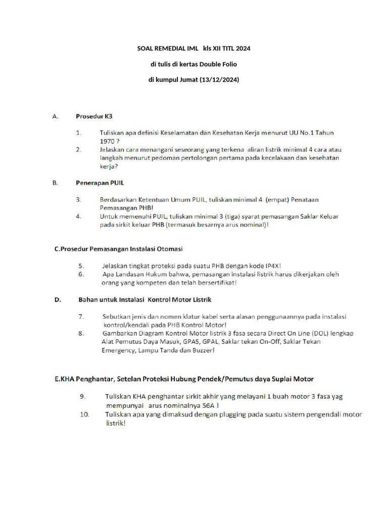 Soal Remedial Iml Kls Xii Titl 2024 | PDF