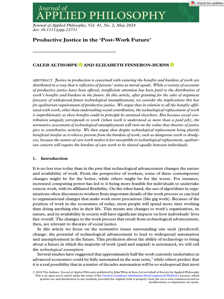 J Applied Philosophy - 2024 - Althorpe - Productive Justice in The Post ...