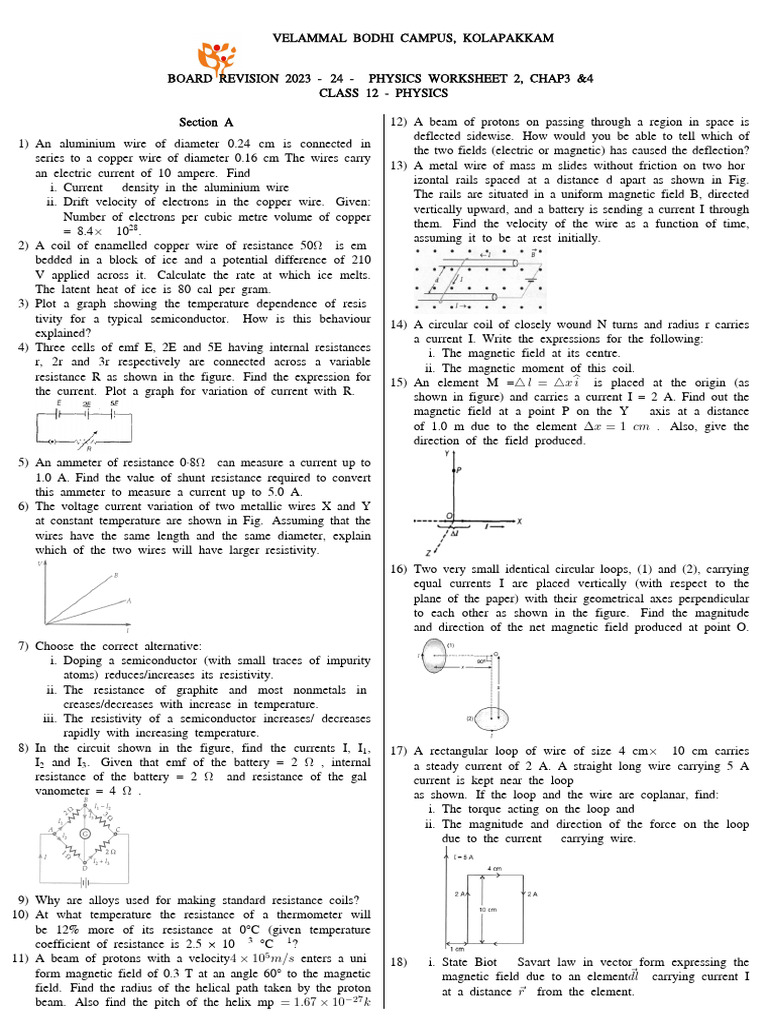 Class 12 Physics Worksheet: Board Revision 2023-24 | PDF | Magnetic Field | Electrical ...