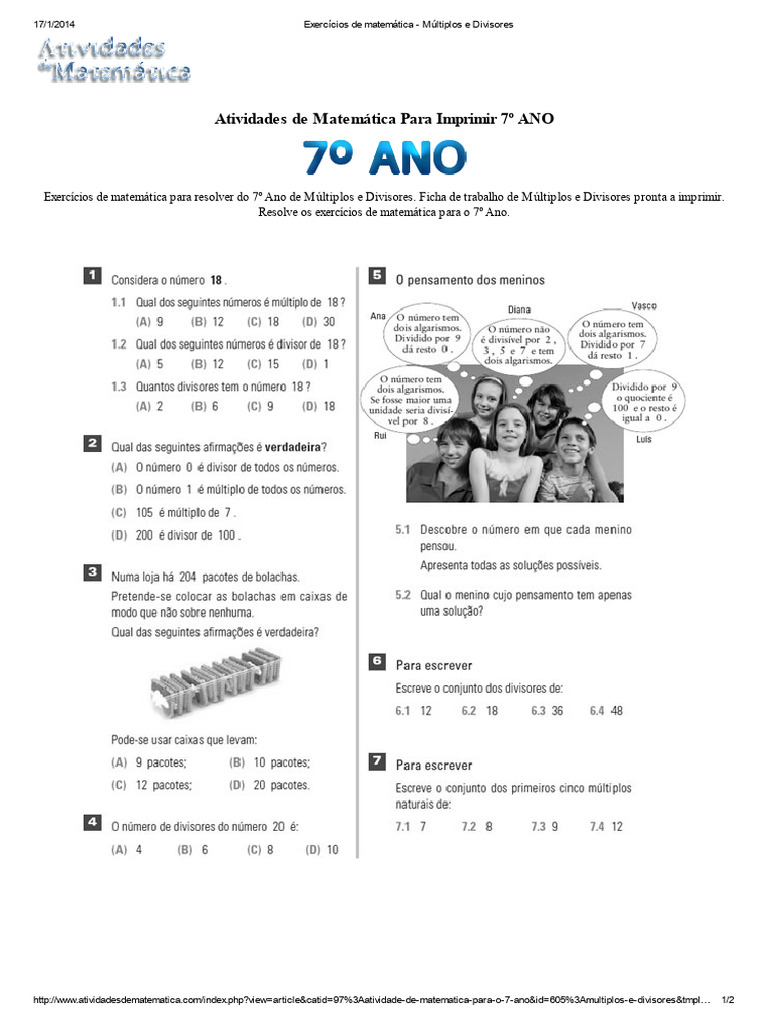 Exercícios de Matemática - Múltiplos e Divisores 7 Ano | PDF