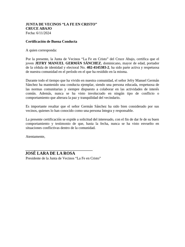 Certificación de Buena Conducta Vecinal | PDF