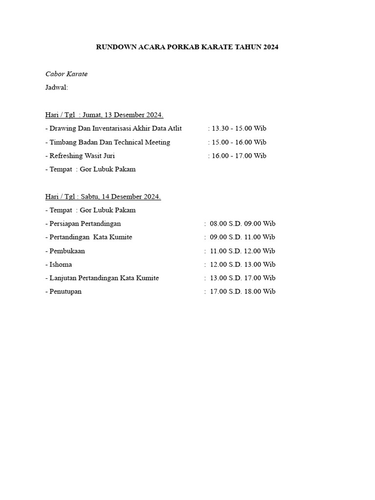 Rundown Acara Porkab Karate Tahun 2024 | PDF