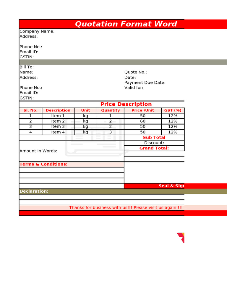 Quotation Format Excel 3 | PDF