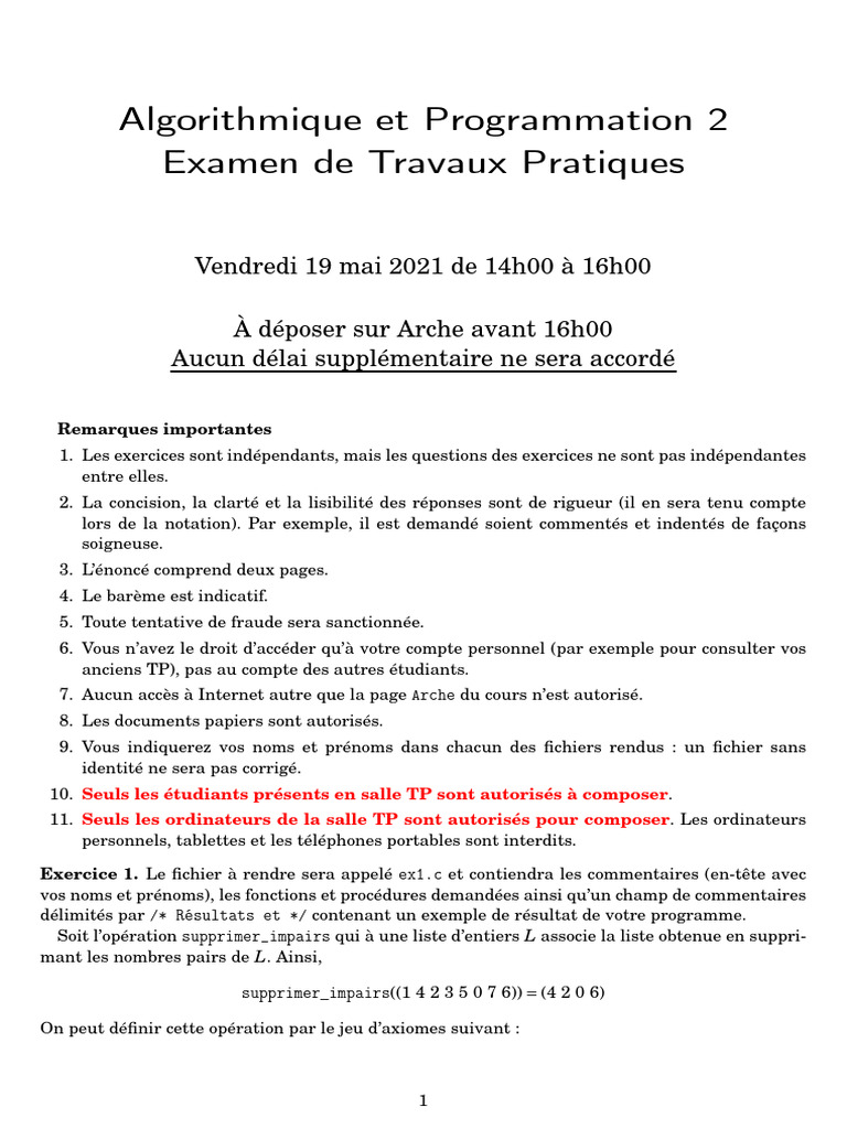 Examen Algorithmique et Programmation 2 | PDF | Entier naturel ...