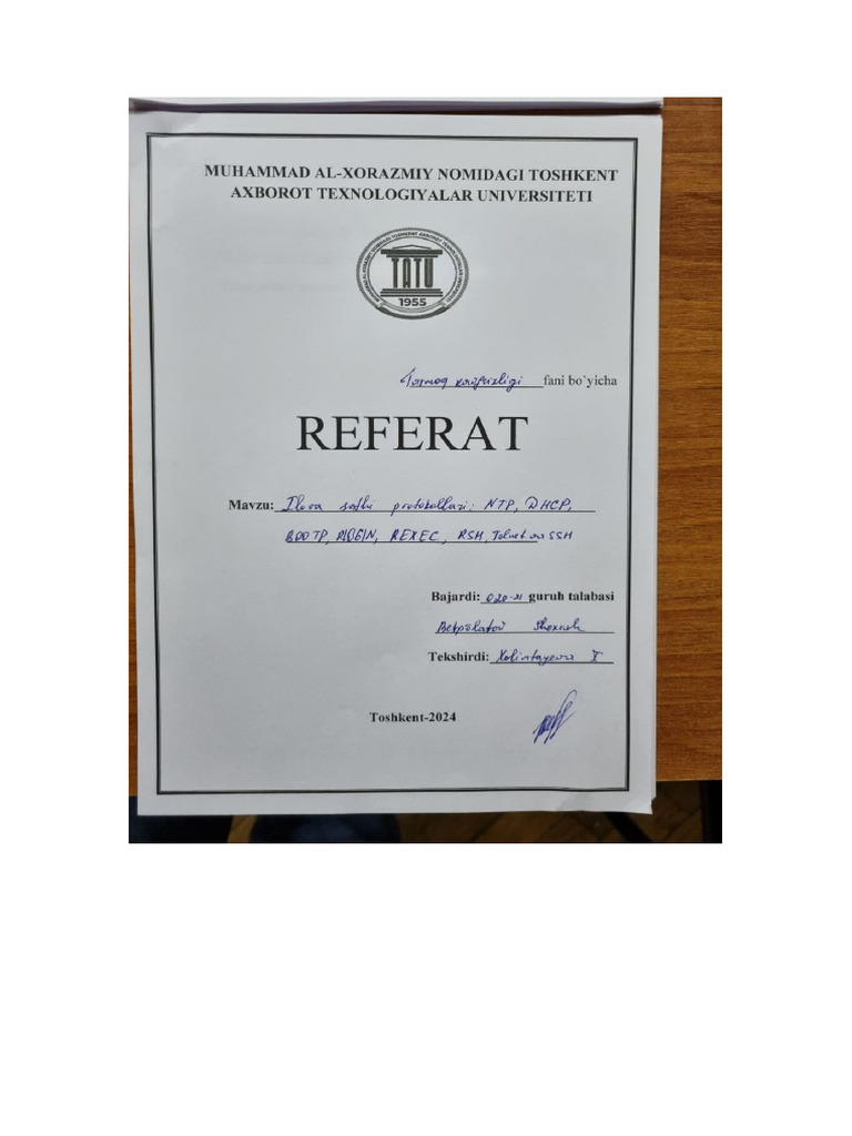 Referati Mavzu - Ilova Sathi Protokollari - NTP, DHCP, Bootp, Rlogin | PDF