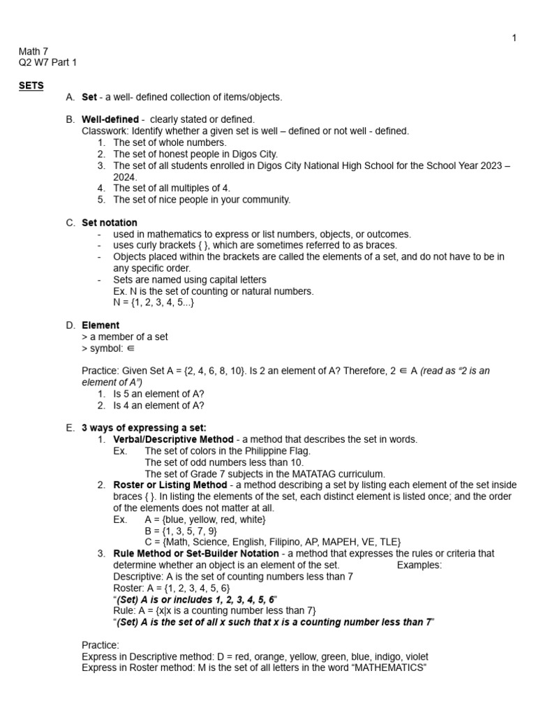 Math7 q2 Sets N Real Numbers | PDF | Set (Mathematics) | Numbers