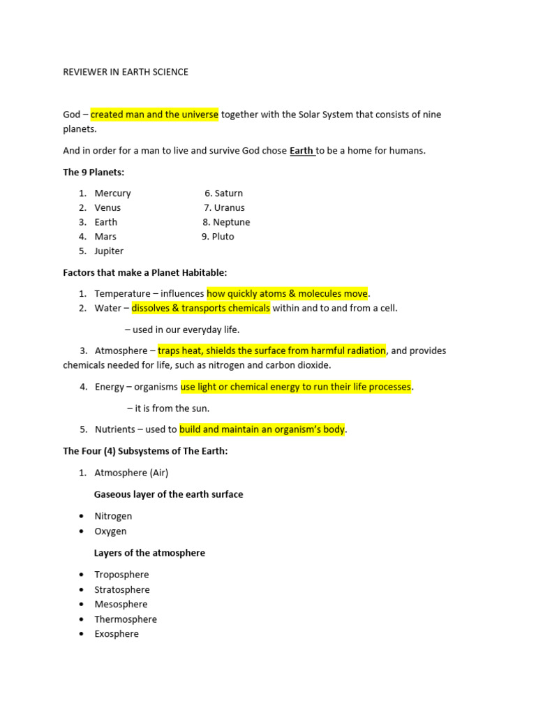 Earth Science Review: Planetary Systems | PDF | Minerals | Atmosphere