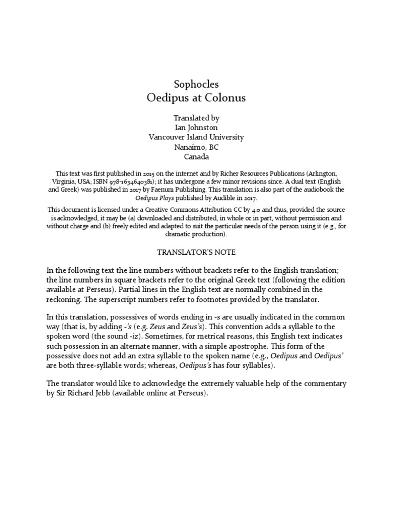 Oedipus at Colonus PDF | PDF | Oedipus | Theban Mythology
