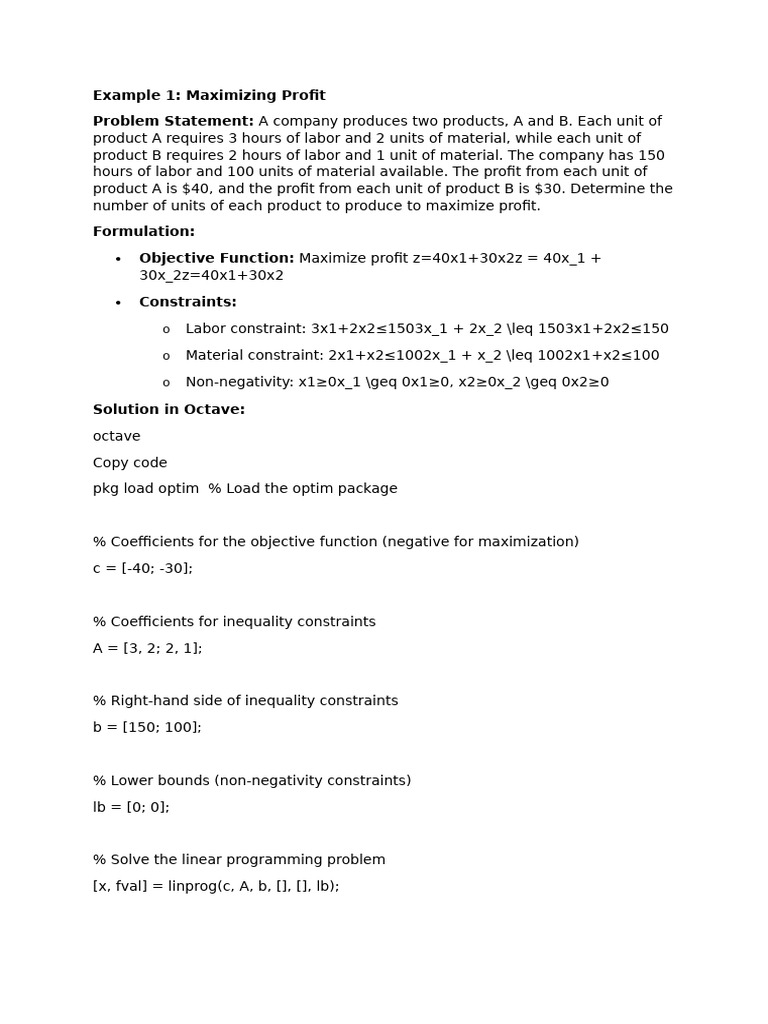 Examples Of Linear Programming In Octave Pdf Mathematical 8841