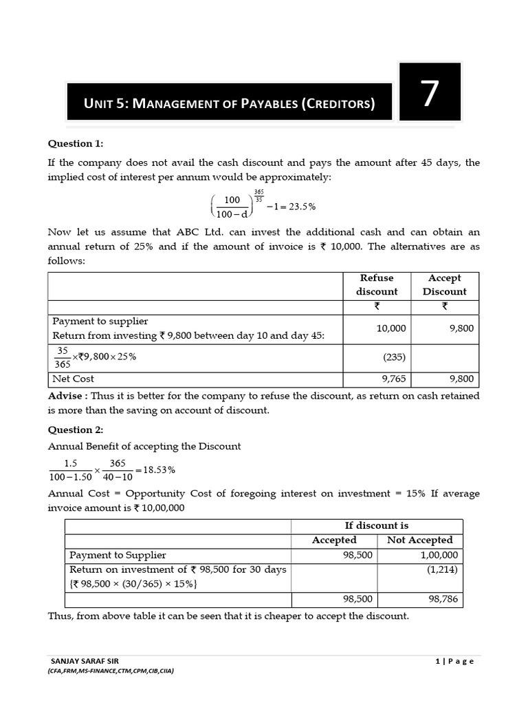 7.5. Management of Payables (Creditors) | PDF | Interest | Payments