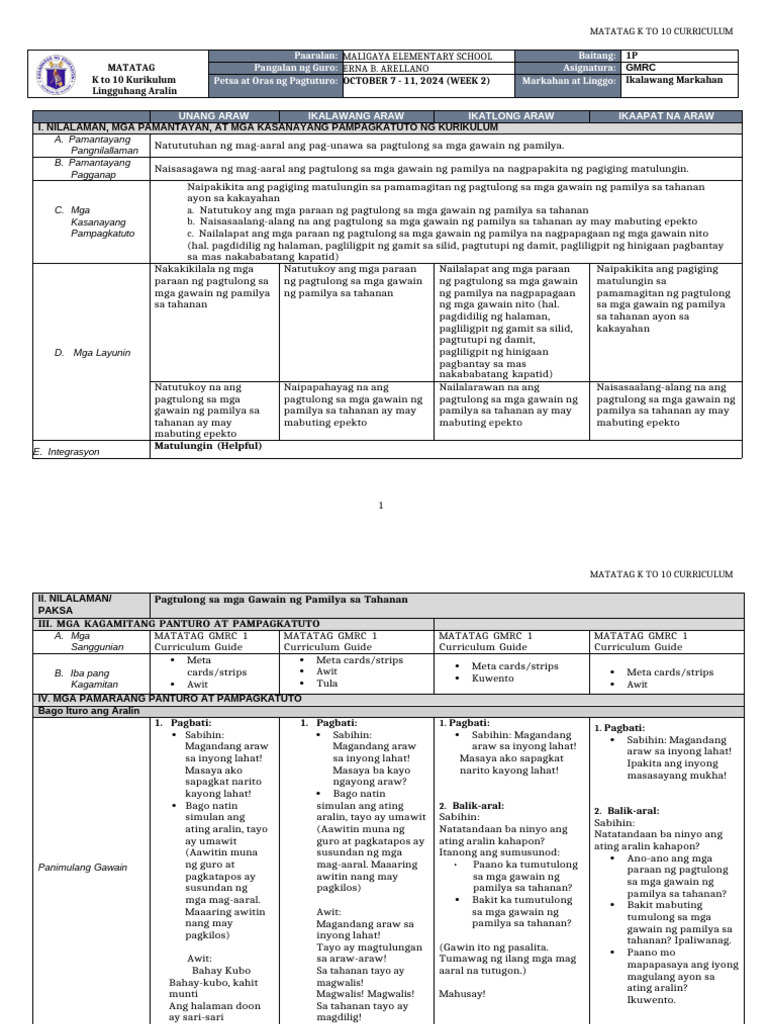 DLL Matatag - GMRC 1 - Q2 - W2 | PDF