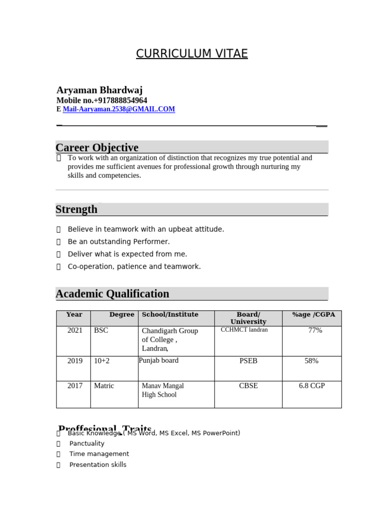 Aryaman Bhardwaj's Professional CV | PDF