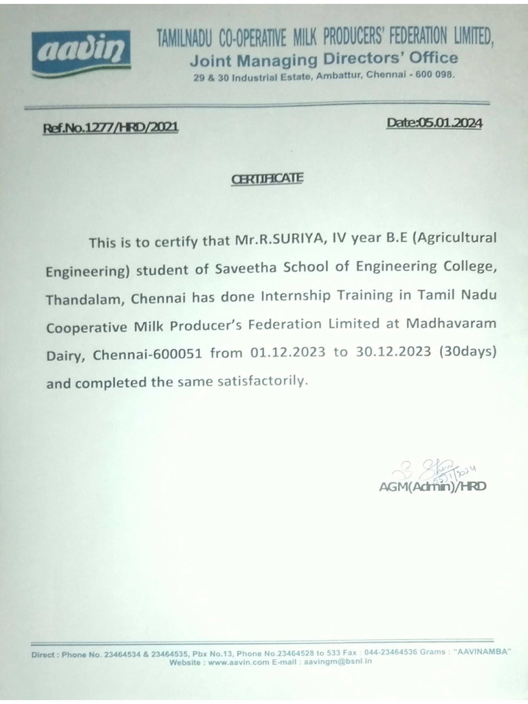 Internship Certificate (Suriya.R) | PDF