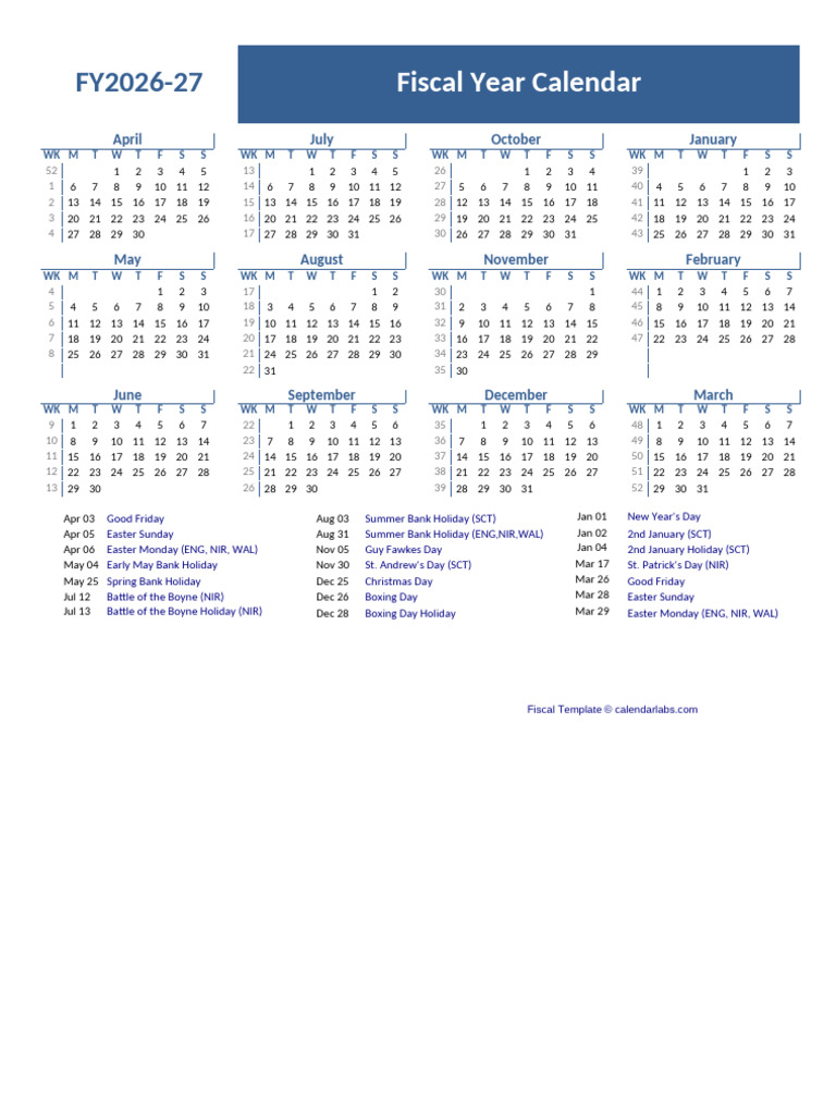 Fiscal Year 2026-27 Calendar | PDF | Christian Festivals And Holy Days ...