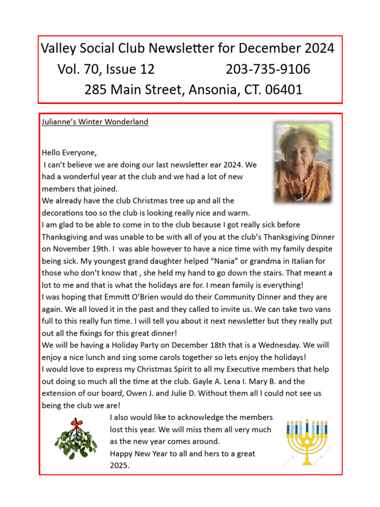December 2024 Valley Social Club Newsletter | PDF | Meal