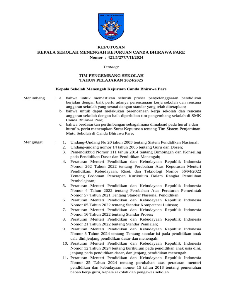 Sk-Tim-pengembang Sekolah Rks Dan Rkas 20242025 | PDF