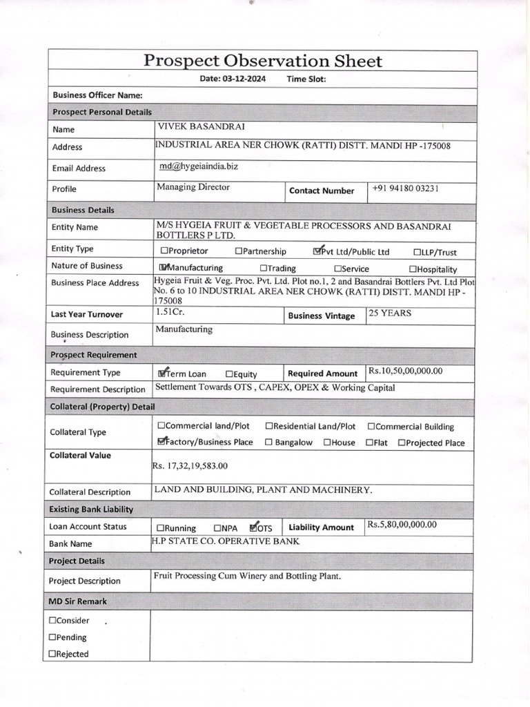 Prospect Observation Sheet (19) | PDF