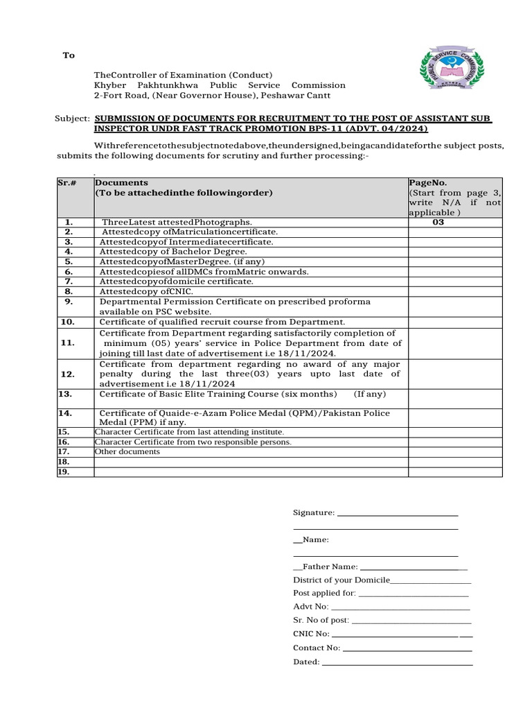 Documents Submission Proforma For ASI 04 2024i | PDF