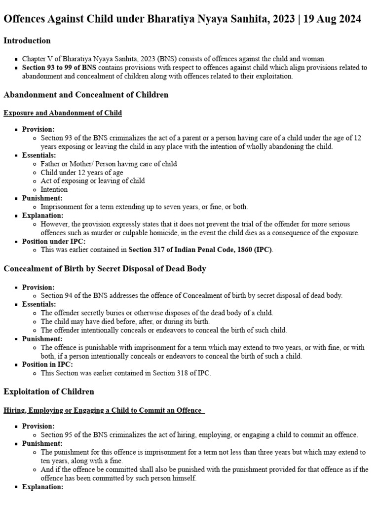 Offences Against Child BNS | PDF | Crimes | Crime & Violence