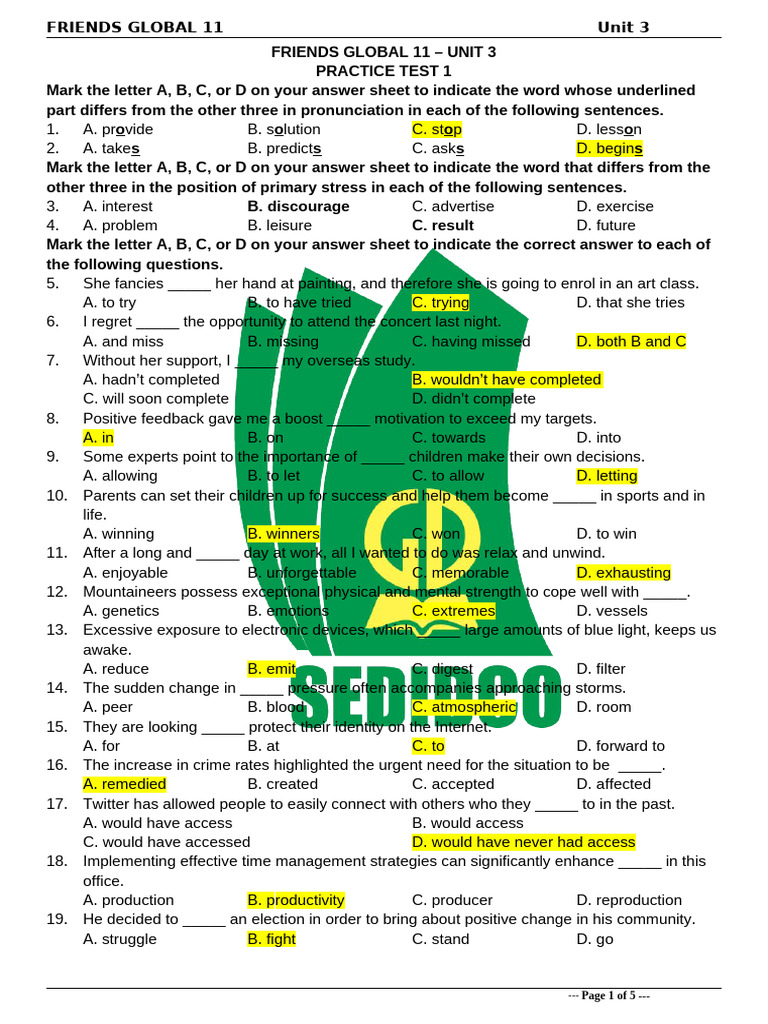 Tieng Anh 11 Friends Global - Unit 3 - Test 1 | PDF | Knee ...