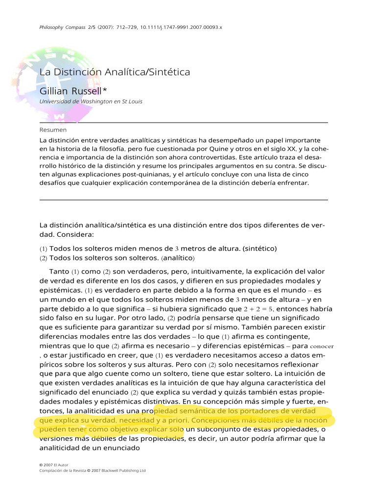 Russell The Analytic Synthetic Distinction - Es | PDF | Verdad ...