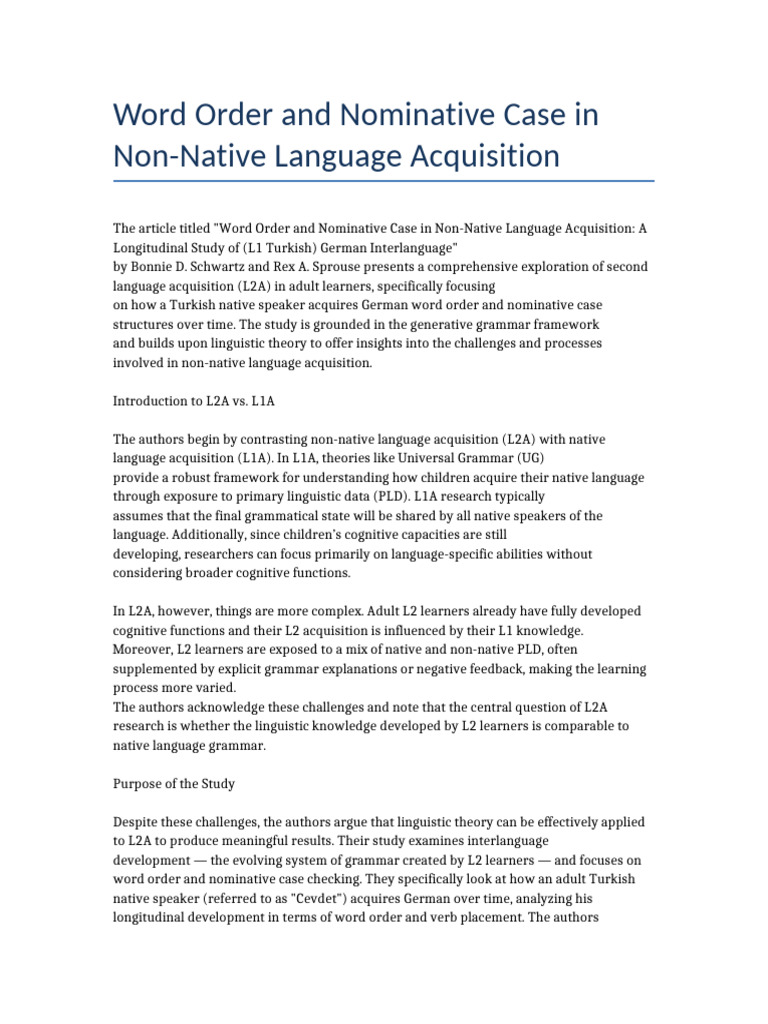 Turkish Learner's German Word Order Study | PDF | Second Language ...