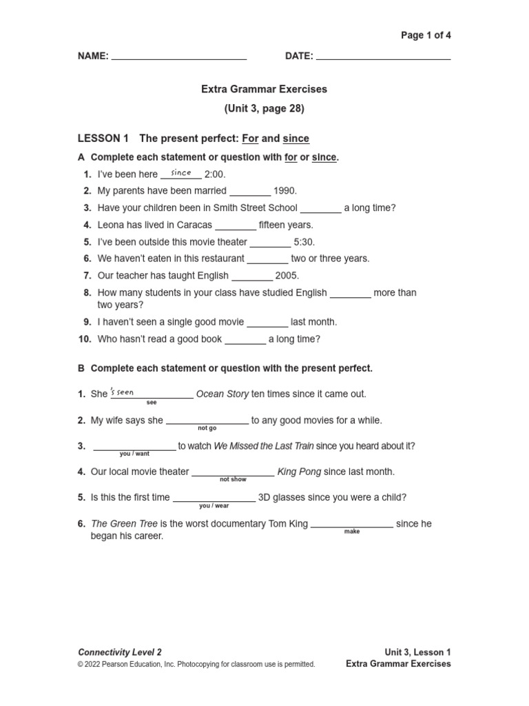 Connectivity2 Extra Grammar Exercises Unit 3 | PDF