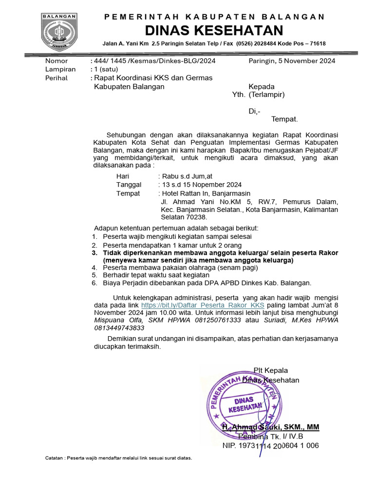 Undangan Rakor KKS Dan Germas 13 S.D. 15 Nop 2024 | PDF