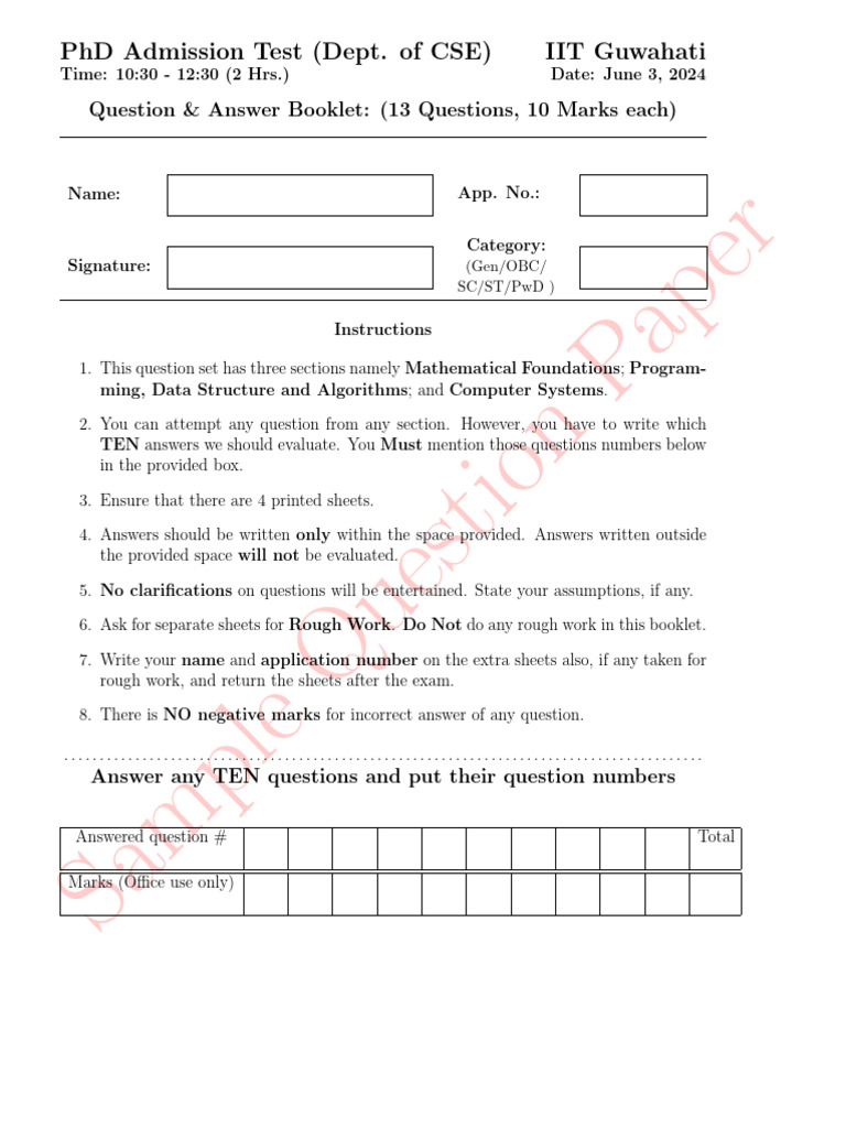 PhD CSE Admission Test Question Paper | PDF | Cpu Cache | Computer ...