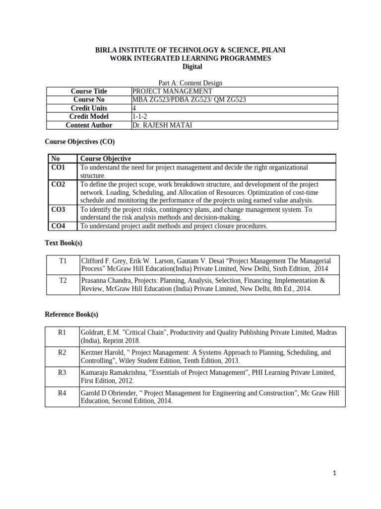Mba ZG523 Course Handout Revised | PDF | Project Management | Business
