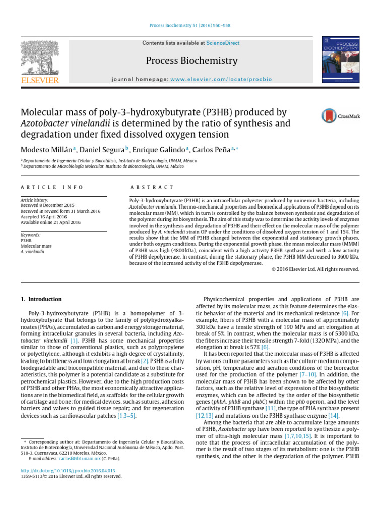 Molecular mass of poly-3-hydroxybutyrate (P3HB) produced by Azotobacter ...