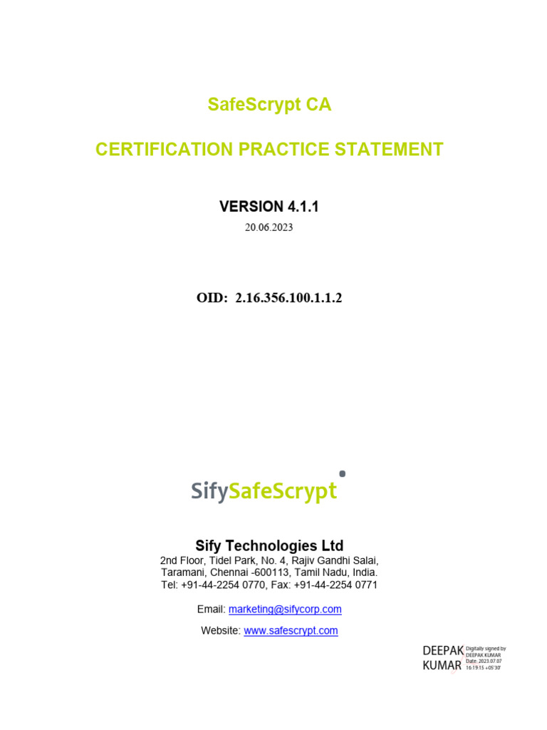 SIFY CA CPS 4.1.1 Signed | PDF | Public Key Certificate | Public Key ...