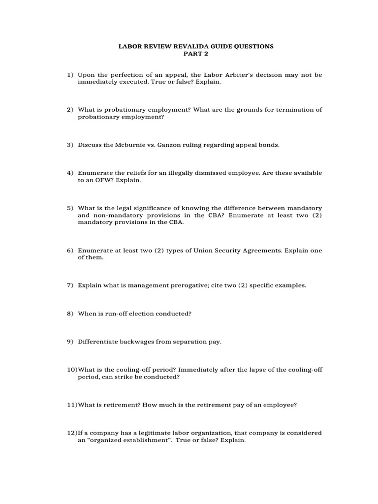 Labor Review Revalida Guide Questions.1 | PDF | Collective Bargaining | Strike Action