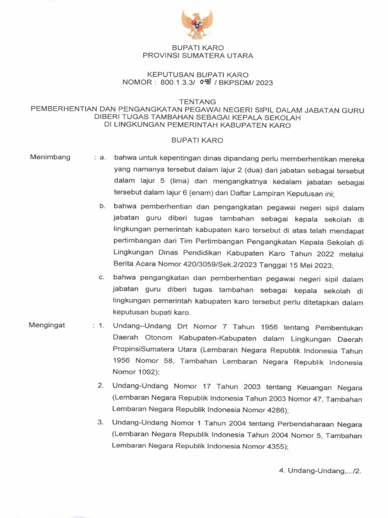 SK Pengangkatan Kepsek Juni 2023 Lengkap | PDF