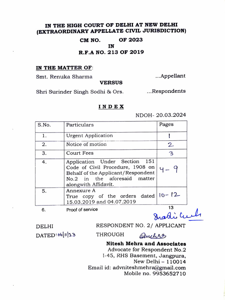 Renuka Sharma Vs SS Sodhi Early Hearing Final | PDF | Affidavit | Appeal