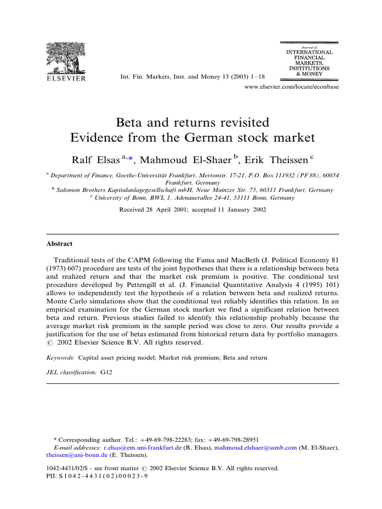 Beta and Returns Revisited German Market | PDF | Capital Asset Pricing ...