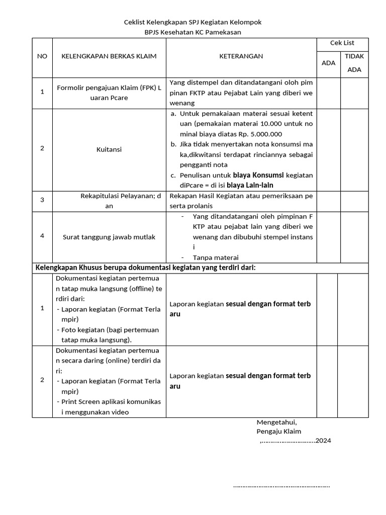 Checklist Kelengkapan Dokumen Prolanis SPJ | PDF