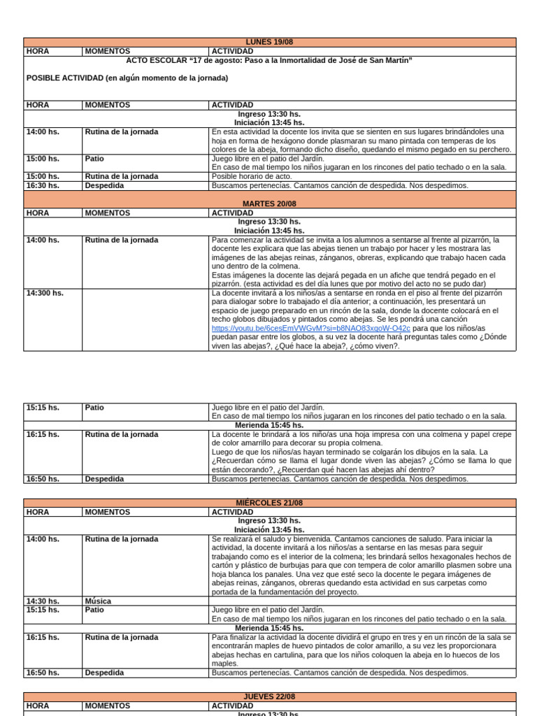 Cronograma Semanal Sala de 3A | PDF | Colmena | Animales domesticados