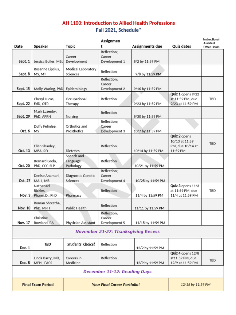 AH 1100 Class Schedule - Fall 2021 DRAFT | PDF | Health Care | Medicine