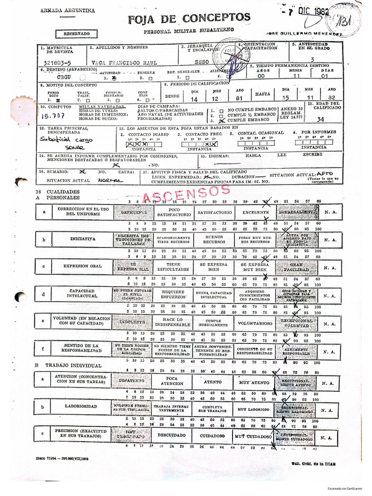 Foja de Conceptos Del SSOP Francisco Raúl VACA 1982 | PDF