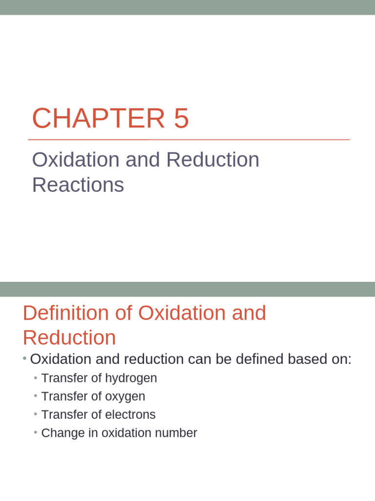 Chapter 5 Oxidation and Reduction Reactions | PDF | Redox | Chemical ...