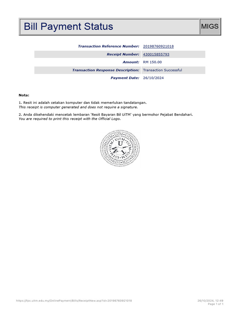 Bill Payment Receipt Transaction 20198760921018 Pdf