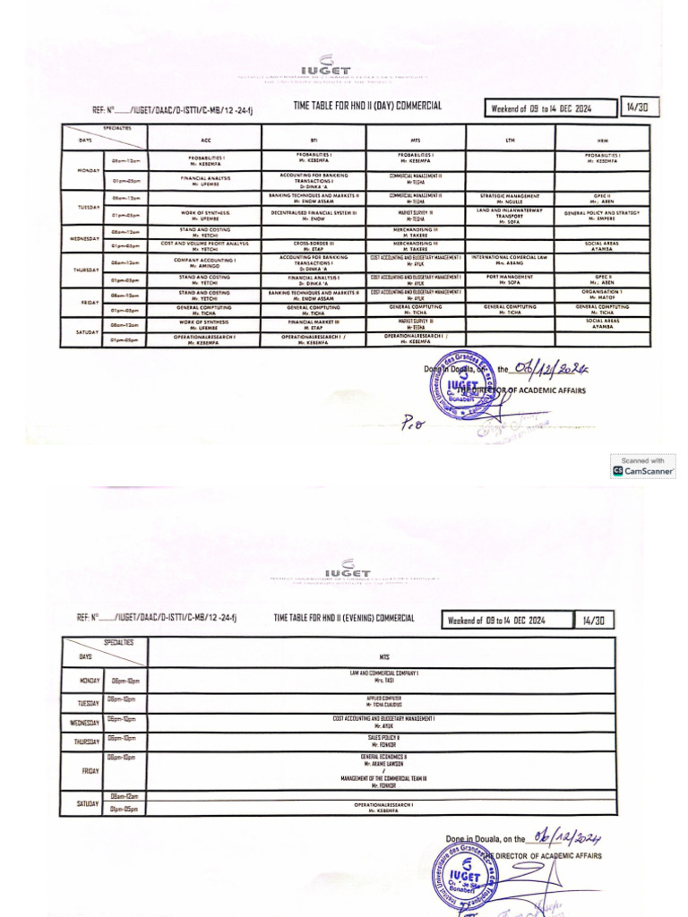 Time Table For HND I (Day and Evening) C | PDF