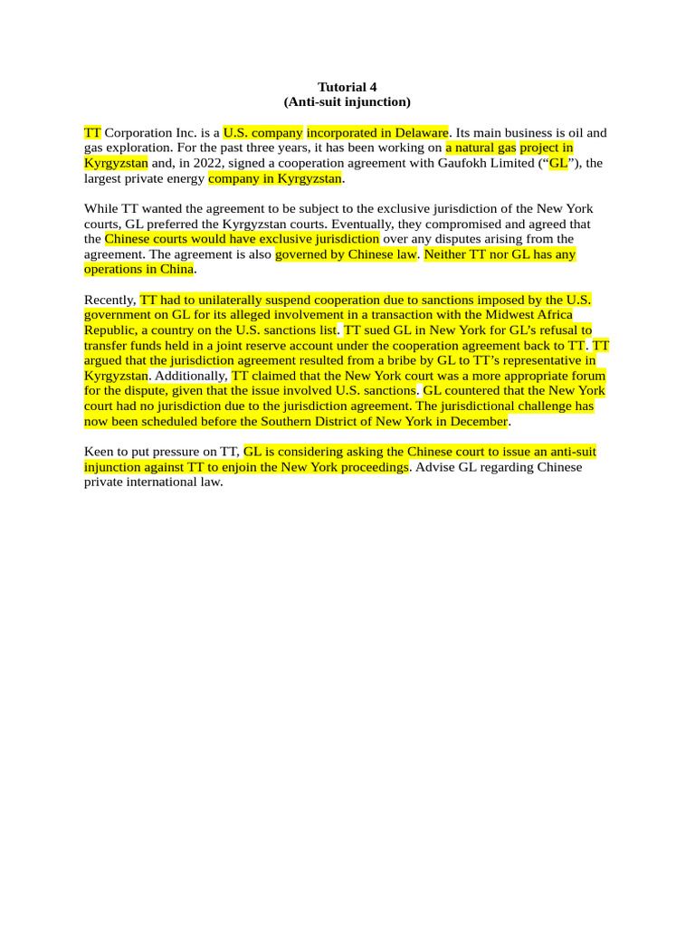 Tutorial 4 Anti Suit Injunction | PDF | Jurisdiction | Injunction